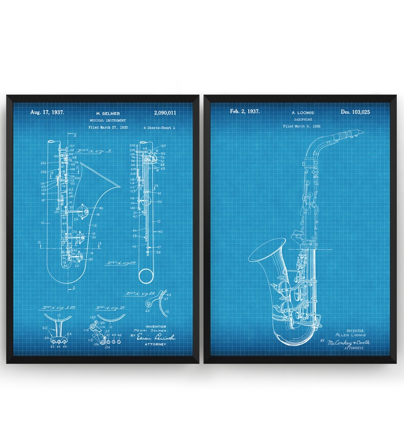 Saxophone Set of 2 Patent Prints Music Room Wall Art - Etsy
