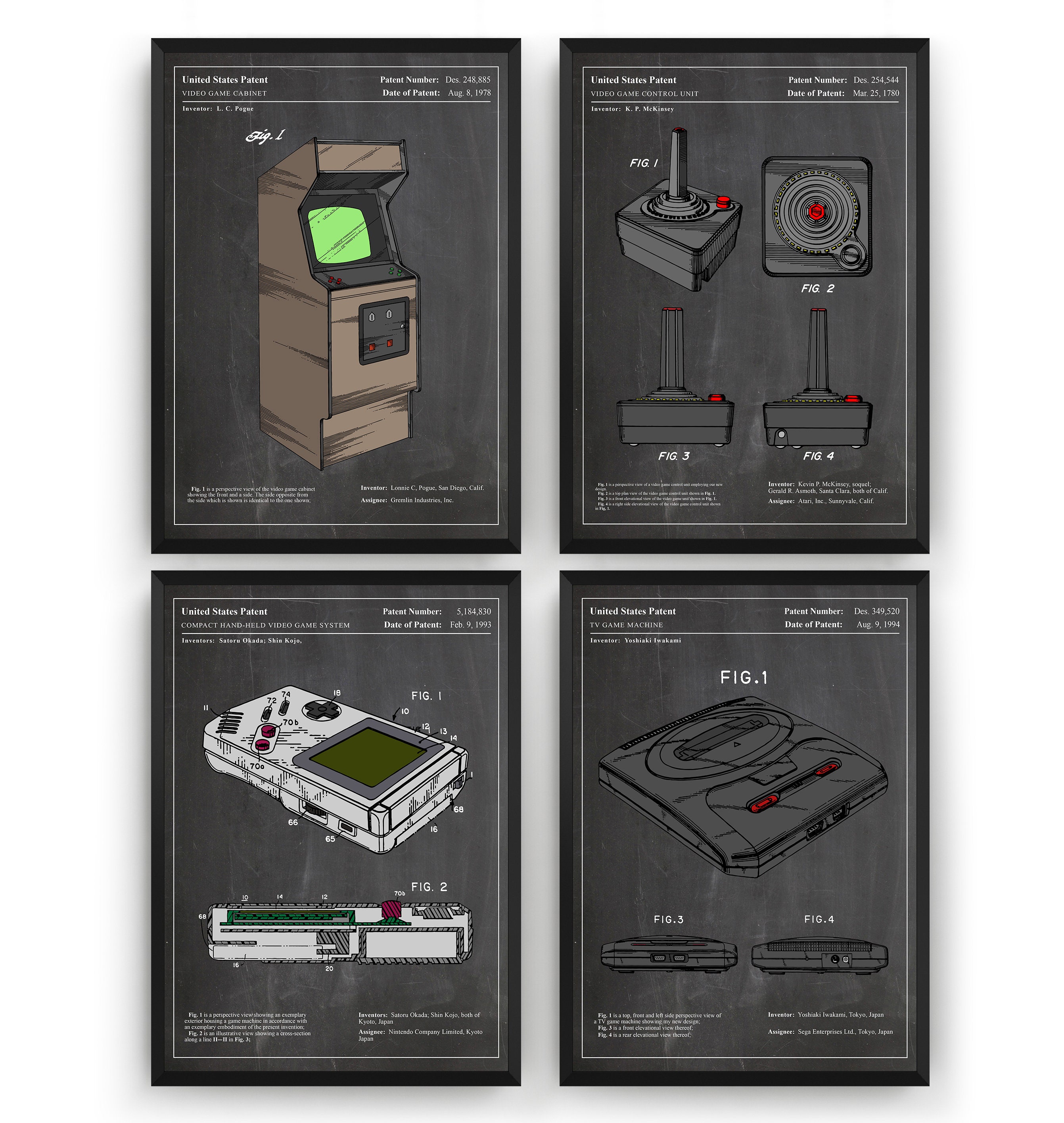 Gaming Patent Prints, Set of 4 Colourised, Games Room Wall Art, Retro ...