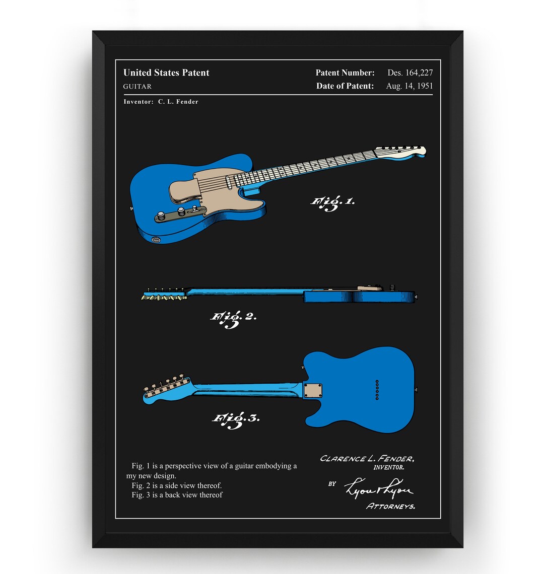 Telecaster Guitar Colourised Patent Print, Guitarist Gifts, Music Room ...