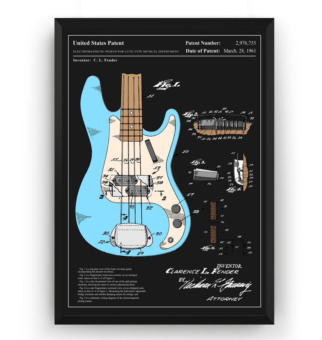 Precision Bass Guitar 1961 Colourised Patent Print, Guitarist Gifts ...