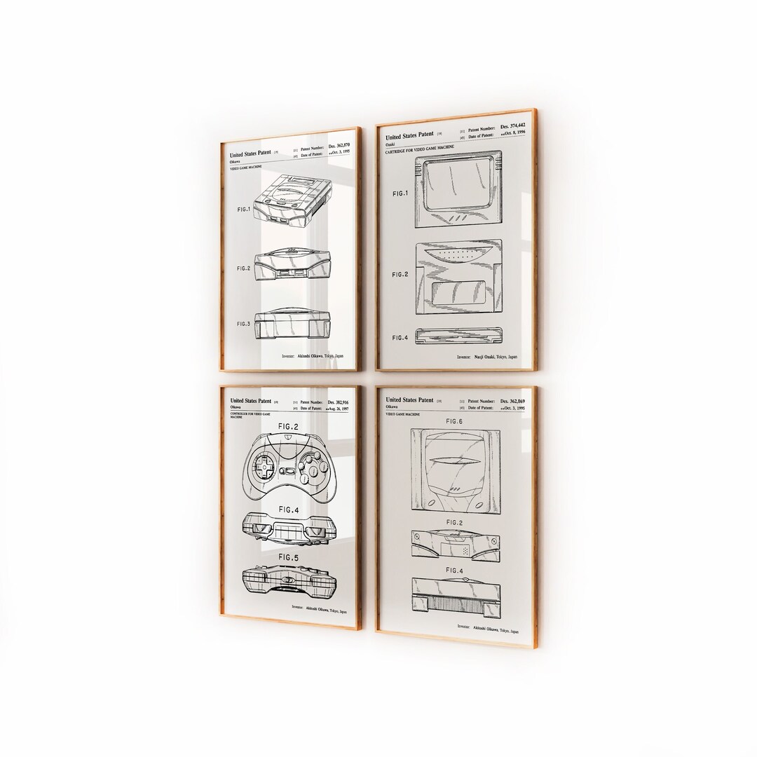 Saturn Set of 4 Patent Prints, Mega Drive, Games Room Wall Art, Retro ...