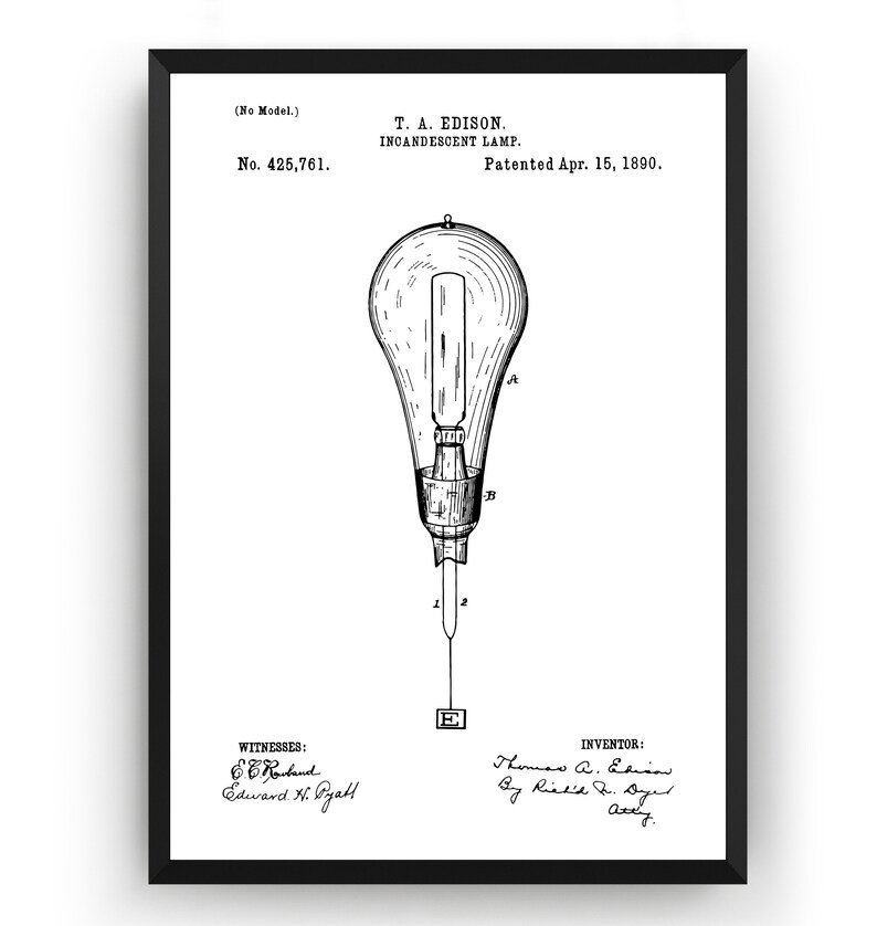 Thomas Edison Incandescent Light Bulb 1890 Patent Print Wall Etsy