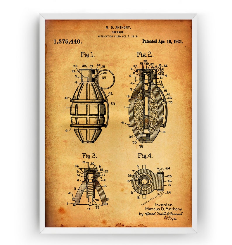 Hand Grenade 1919 Patent Print Wall Art Poster Military - Etsy