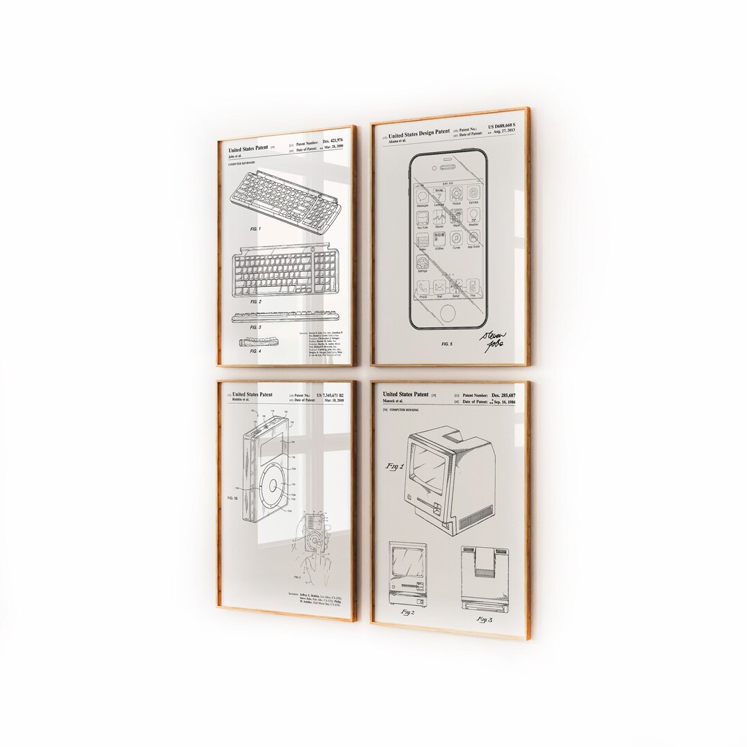 Apple Set of 4 Patent Prints, Office Decor, Home Office Wall Art, Steve ...