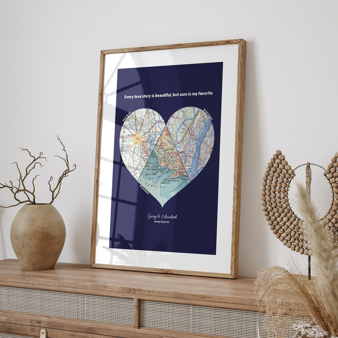 Personalised Heart Map Print, Custom Couples Gift, Customised Travel ...