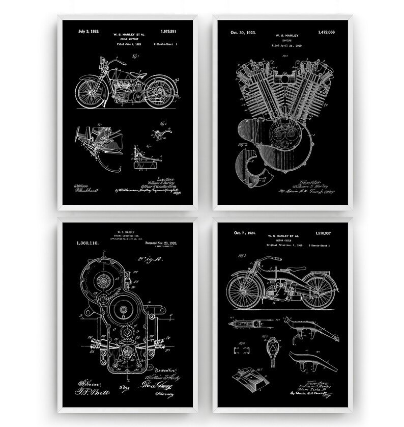 Harley Davidson Set Of 4 Patent Prints Harley Patent Wall Art Etsy Uk