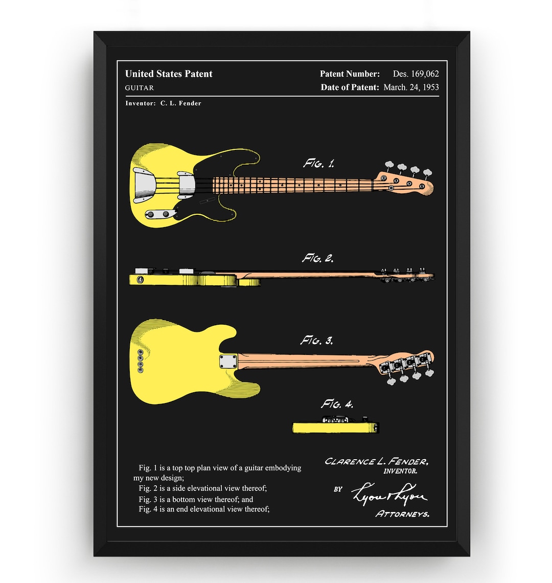 Telecaster Bass Guitar 1953 Colourised Patent Print, Guitarist Gifts ...