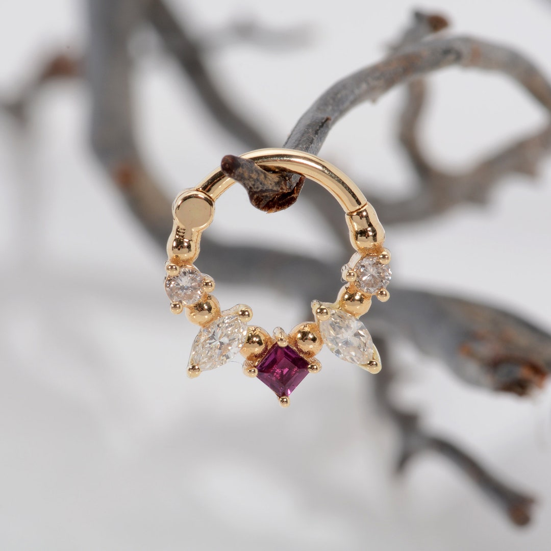 Helix Piercing Earring 14k White Diamond Ruby Daith Hoop Ear Cuff ...