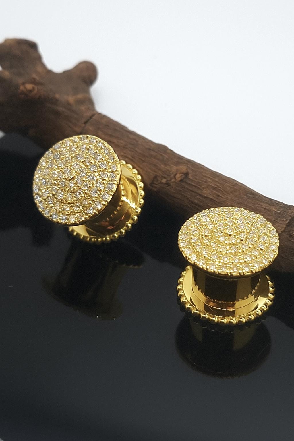 Ear Tunnels Solid Gold Diamonds Ear Gauges Plug Tunnel 14k Custom Plugs ...