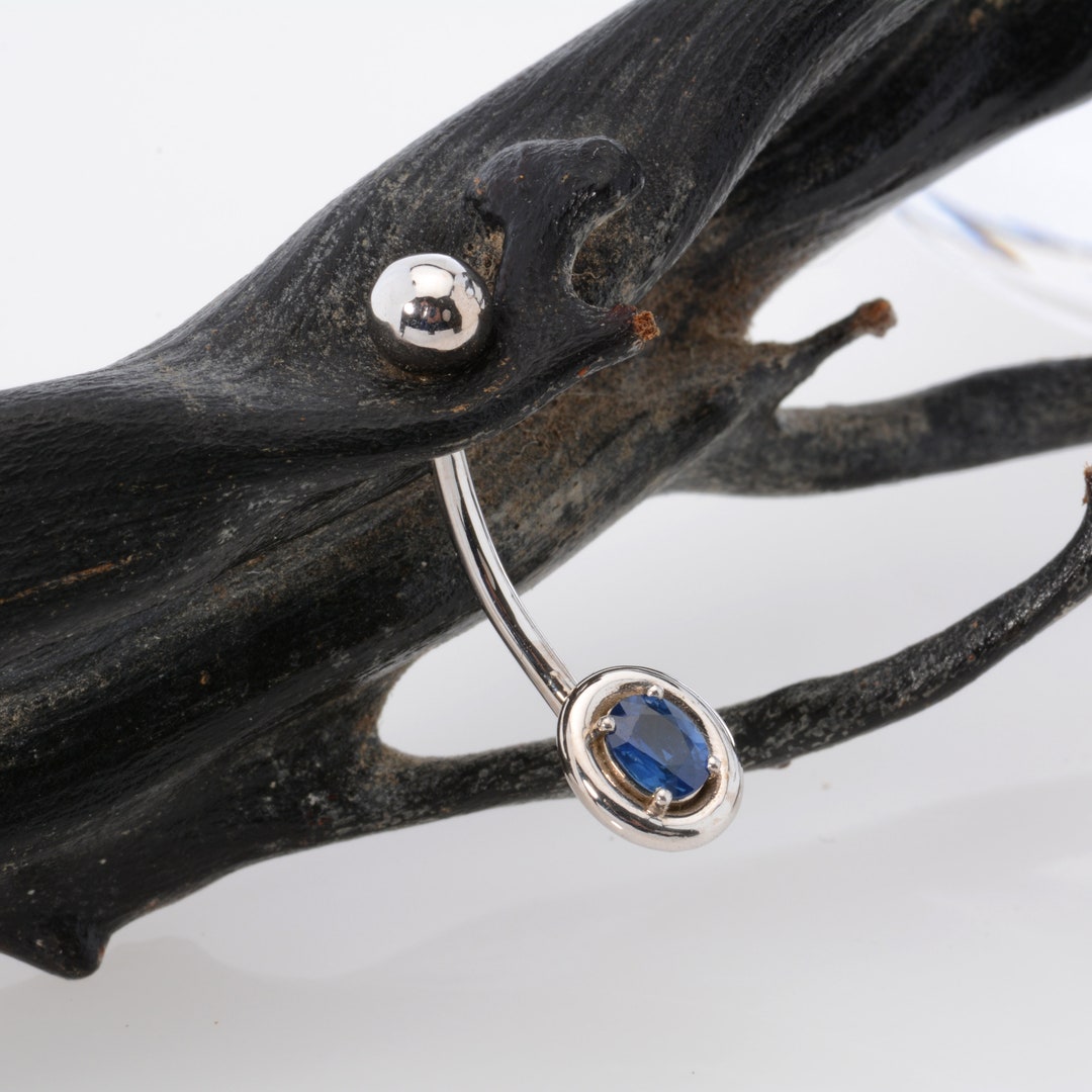 Belly Button Ring 14K Solid Gold Belly Earring Oval Sapphire Piercing ...