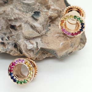 Ear Tunnels Rainbow Stones Solid Gold 14k Piercing Jewelry Ear Plugs ...