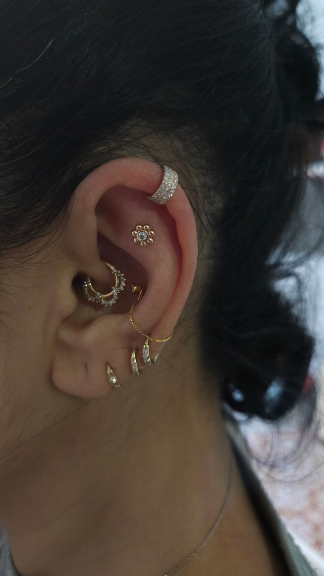 Triple Line Cartilage Ear Piercing White Diamonds Solid Gold Conch ...