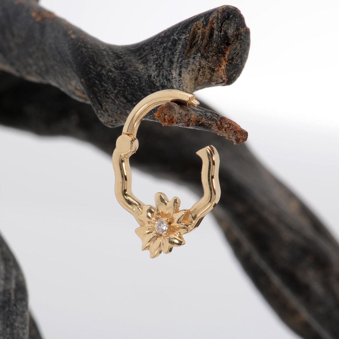 Flower Cartilage Earring 14K Solid Gold White Diamonds Daith Piercing ...