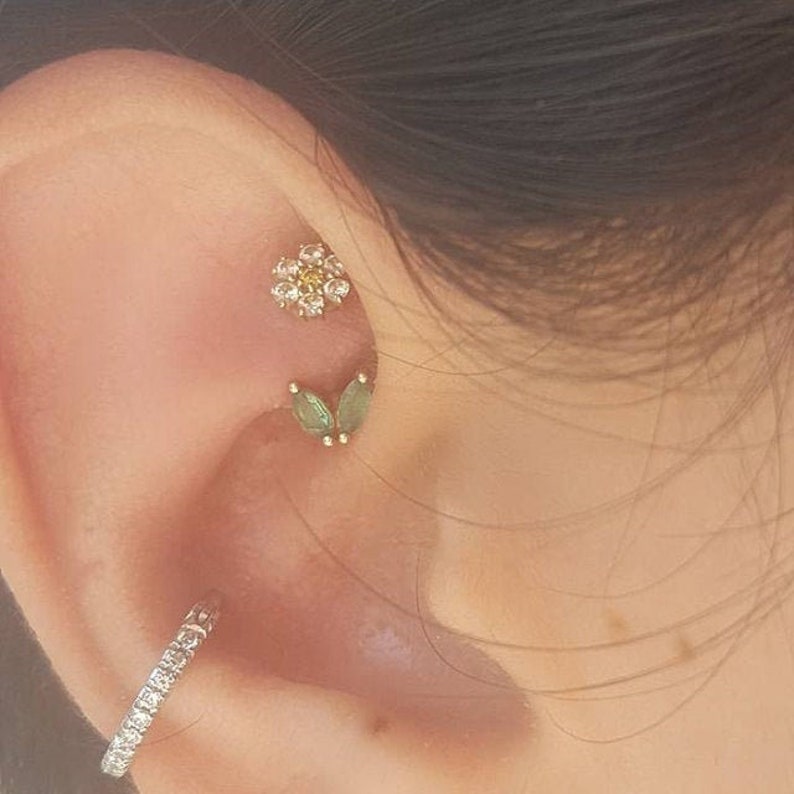 Rook Piercing Flower Sparkle Curved Barbell 14k Gold White - Etsy