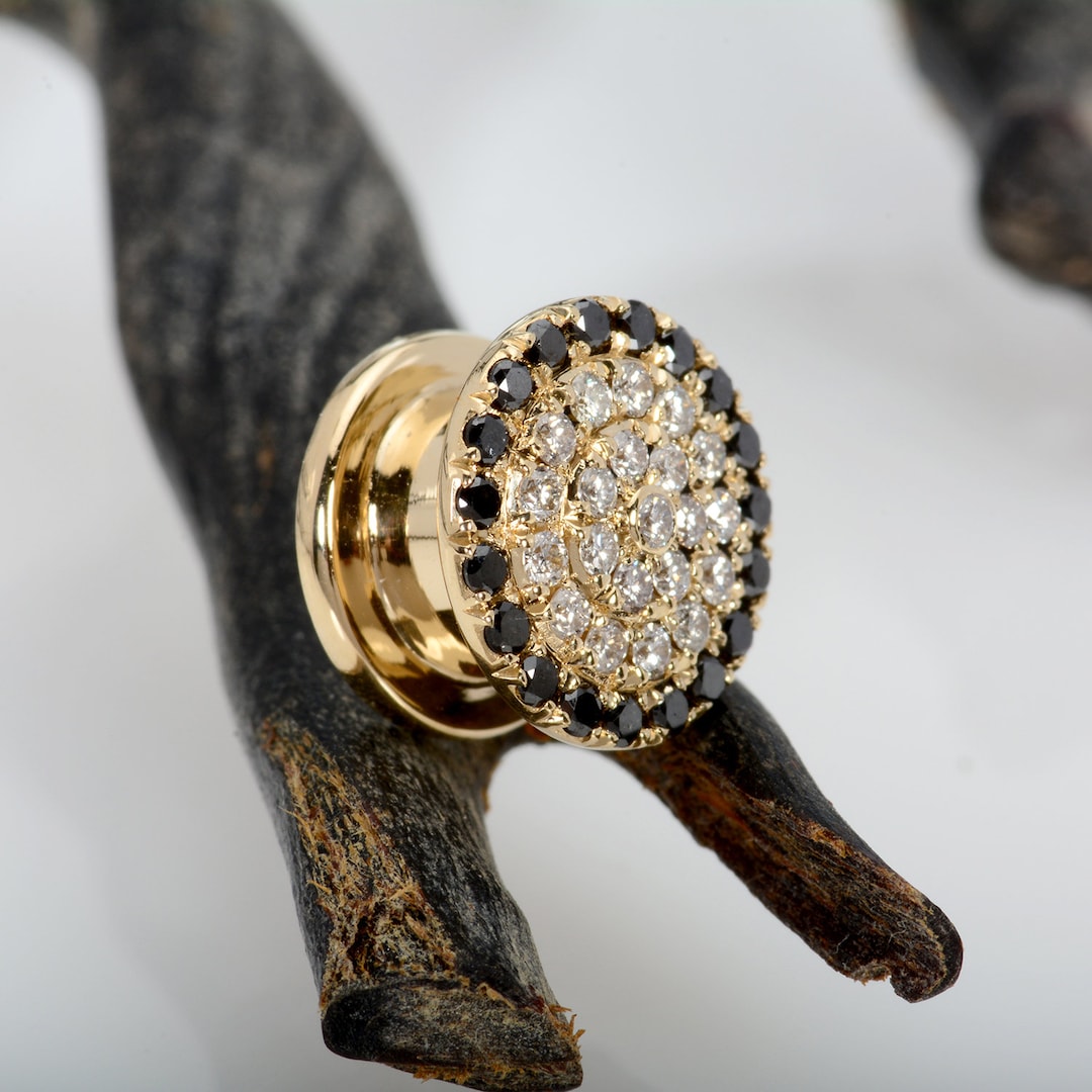 Ear Gauges 14k Solid Gold Tunnels White Black Diamonds Plugs Earring Gauged Jewelry - Etsy