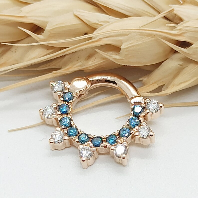 Daith Septum Clicker Blue White diamonds 14k Solid Gold | Etsy