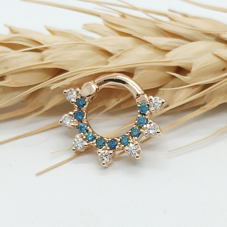 Daith Septum Clicker Blue White diamonds 14k Solid Gold | Etsy