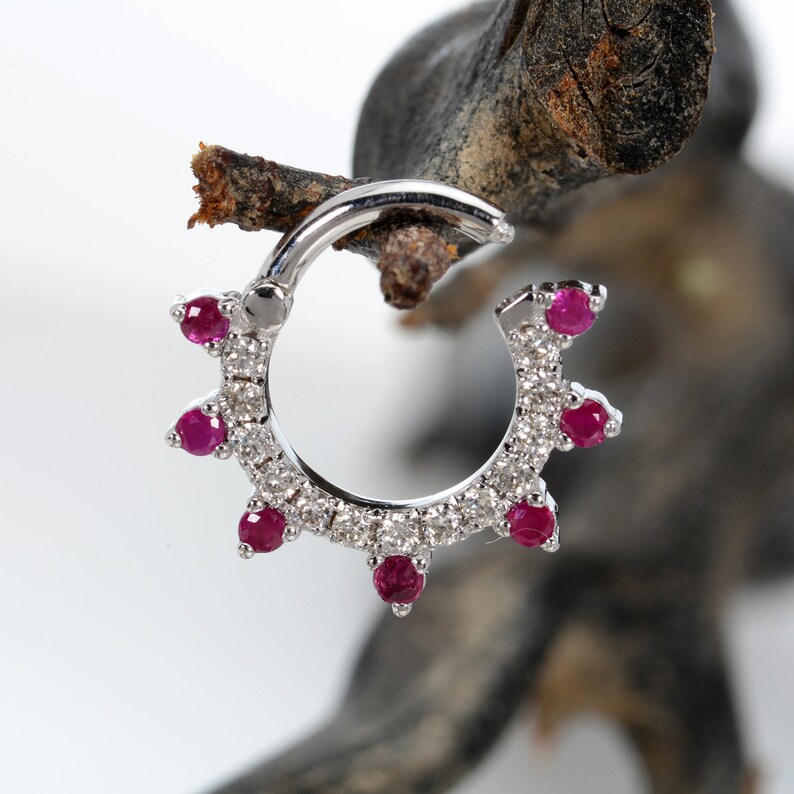 Daith Сlicker White Diamonds Ruby Stone 16G Helix Piercing | Etsy