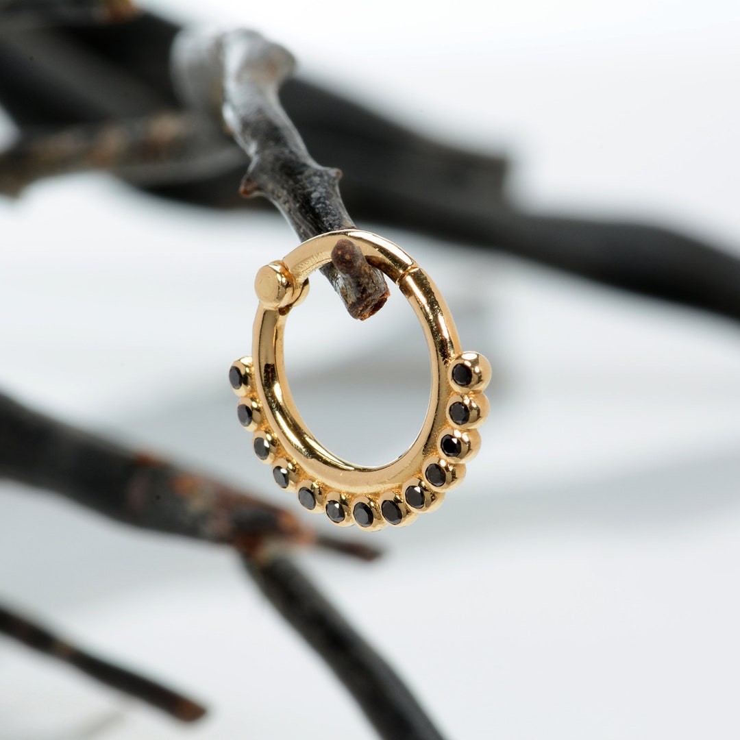 Cartilage Earrings 14k Solid Gold Black Diamond Daith Piercing Helix ...