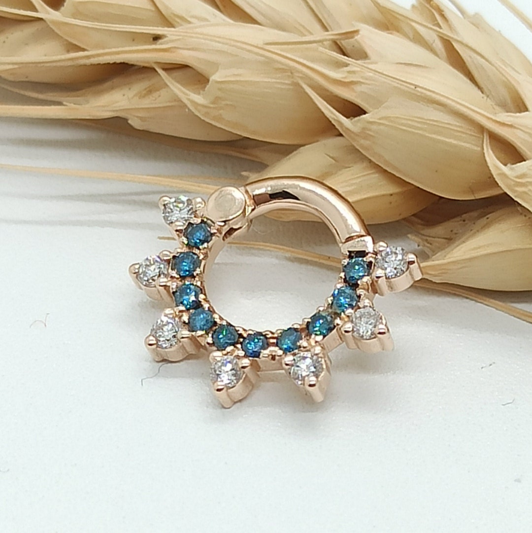 Daith Septum Clicker Blue White Diamonds 14k Solid Gold Nose Ring Hoop ...