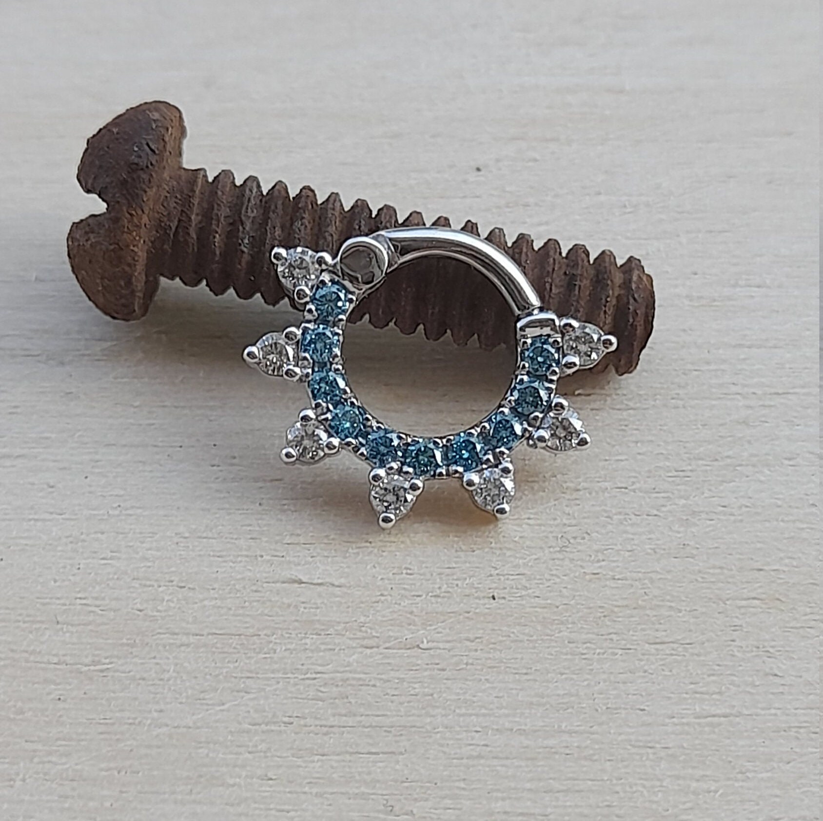 Daith Septum Clicker Blue White Diamonds 14k Solid Gold - Etsy