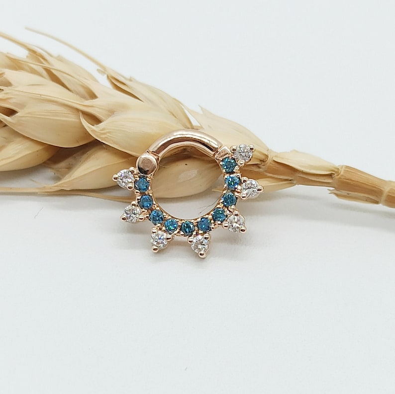 Daith Septum Clicker Blue White diamonds 14k Solid Gold | Etsy