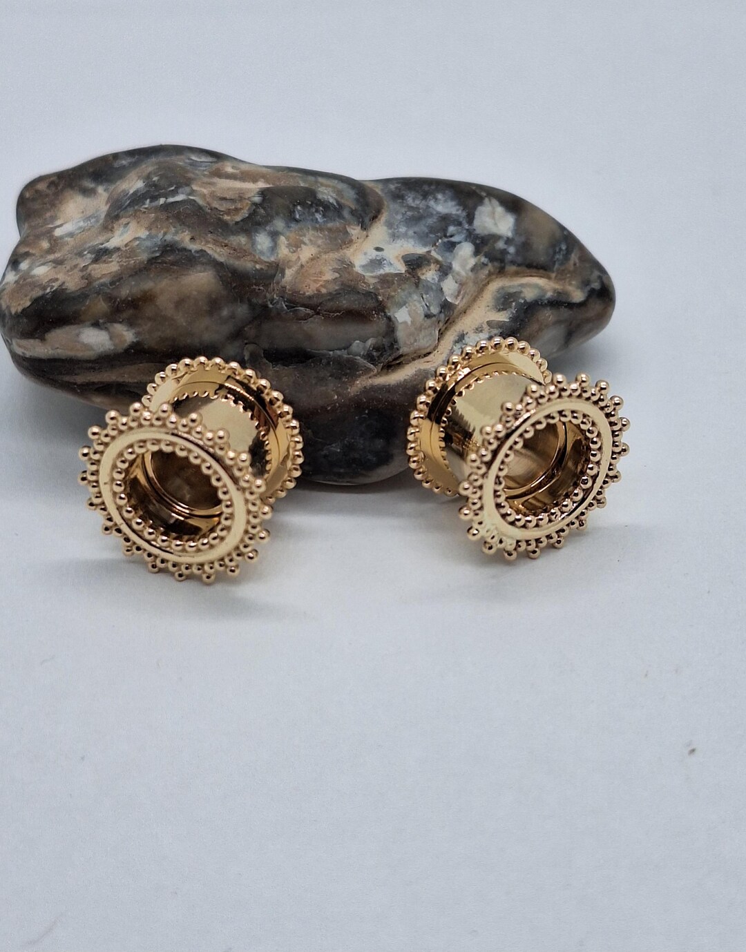 14K Gold Screw Back Tunnels Yellow Gold Ear Plugs Beaded Edge Unisex ...