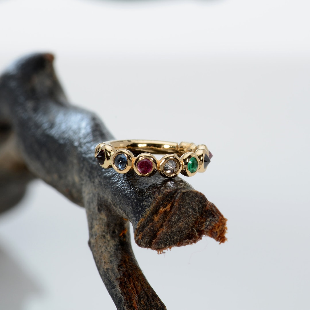 Rainbow Piercing Conch Earring 14K Solid Gold Rook Septum Helix Hoop ...