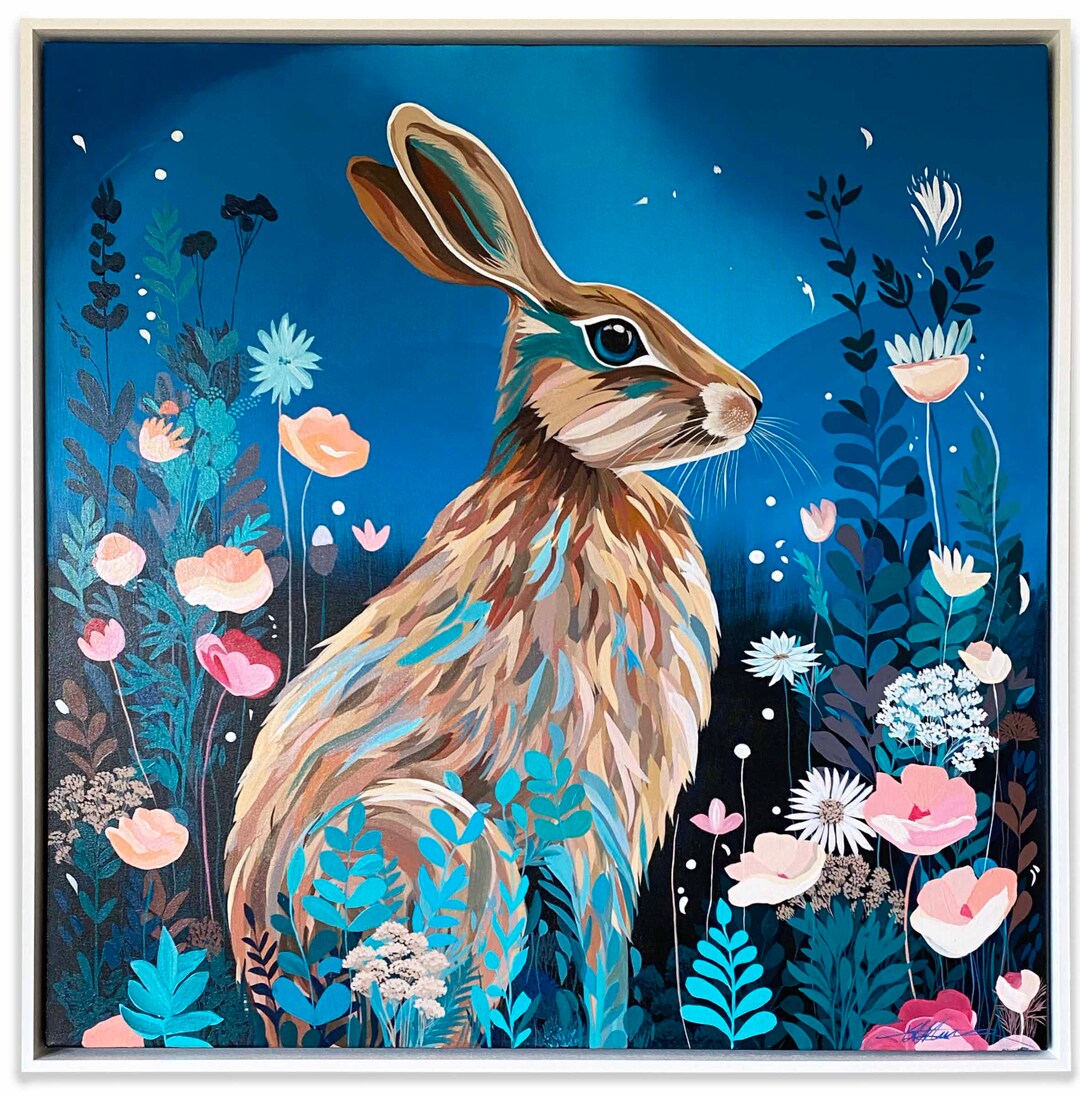 Colourful Hare Painting on Blue Canvas, Framed Original Painted Picture ...