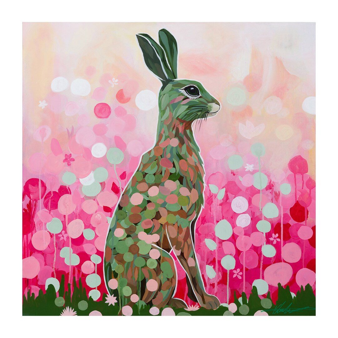 ORIGINAL Pop Art Style Hare Painting in Pink Green, Contemporary Modern ...