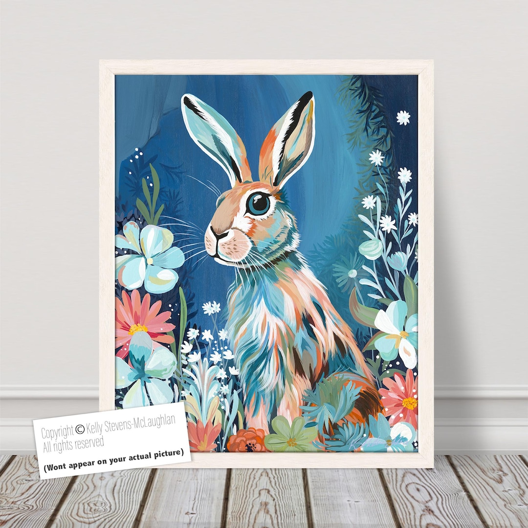 Original FRAMED Hare Painting, Colourful Bright Bold Floral Animal ...