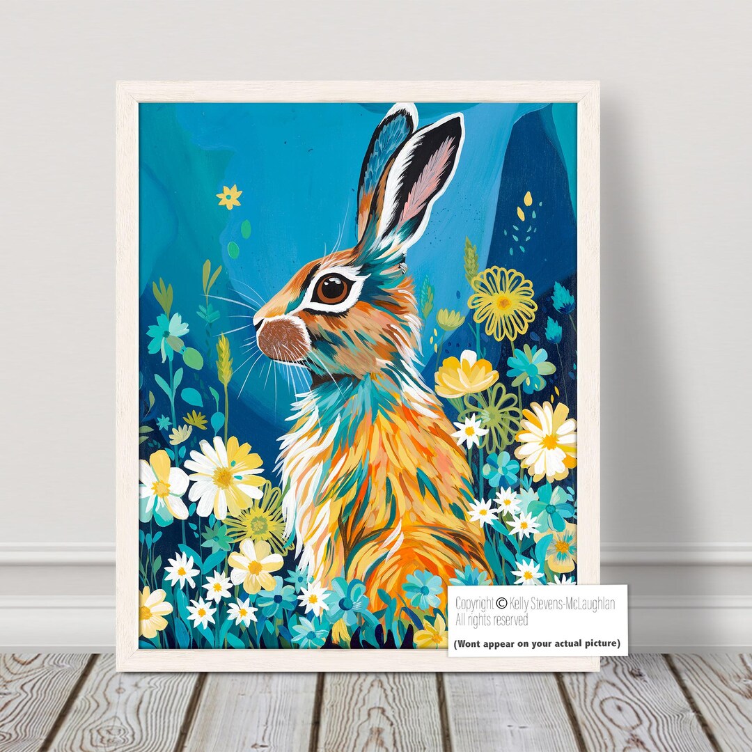 Hare Painting, Original Art, FRAMED Modern Abstract Floral Animal Blue ...