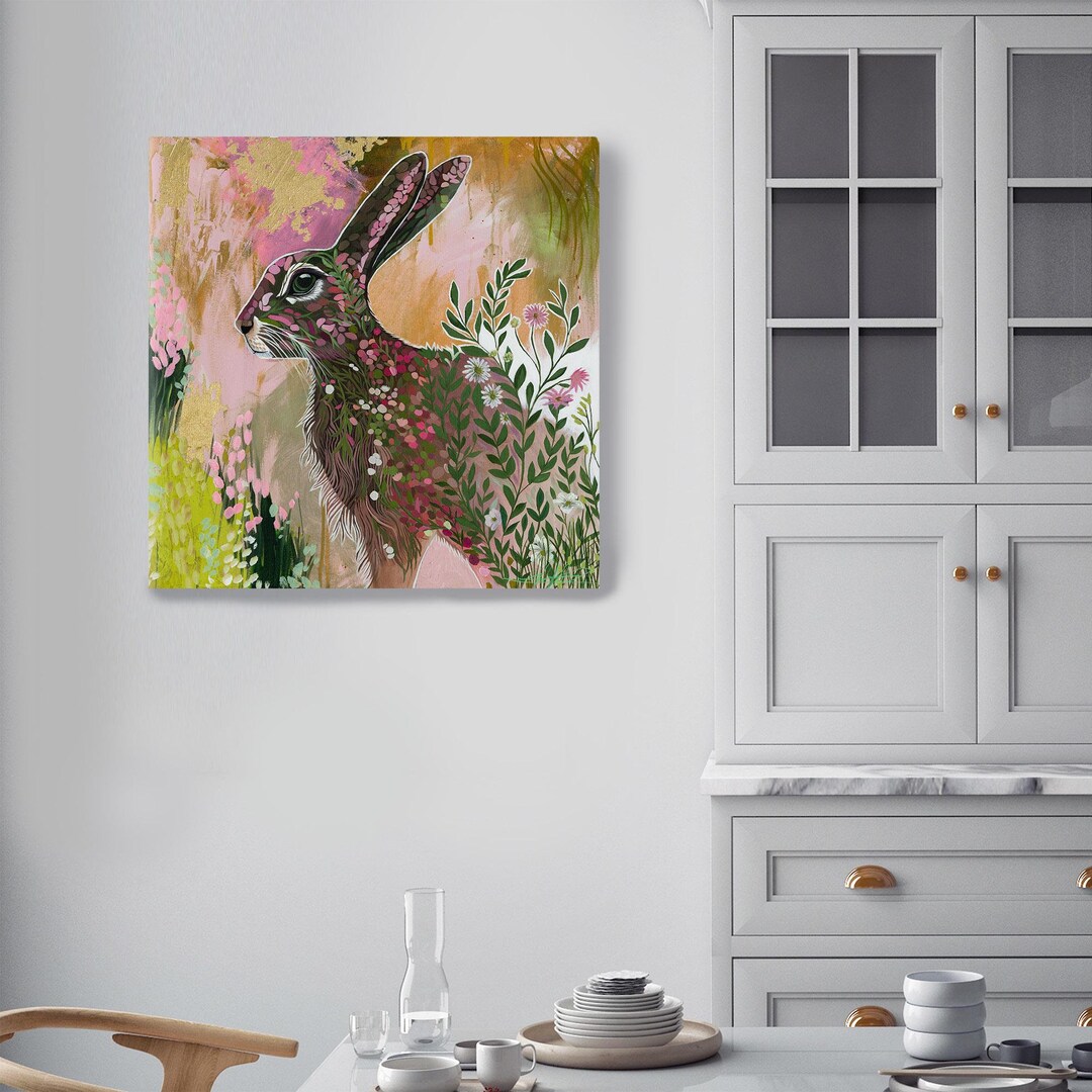 Original Hare Painting on Canvas, Modern Abstract Animal in Pink Green ...
