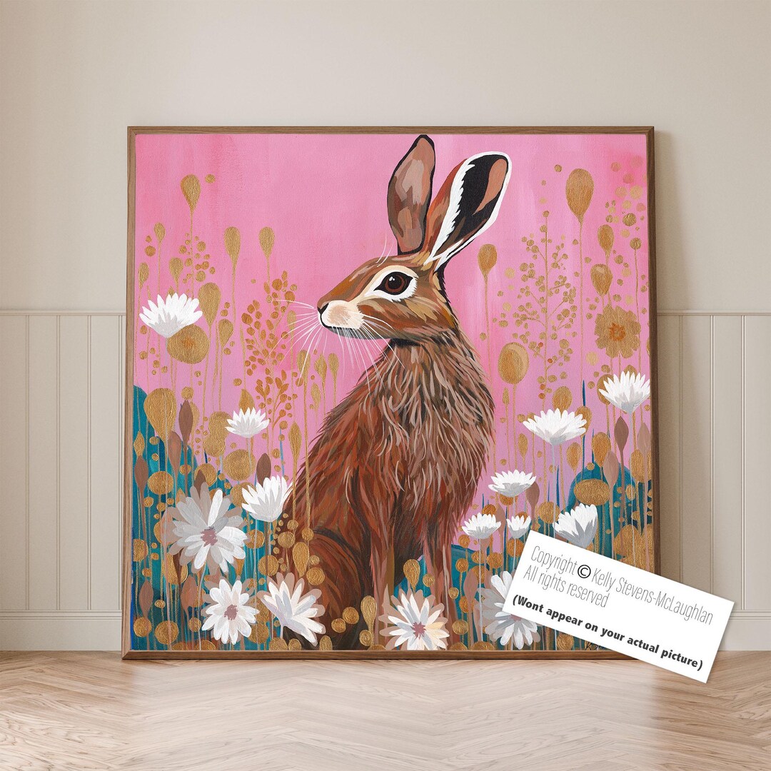 Hare Art Print – Pink and Gold Woodland Floral Hare Illustration ...