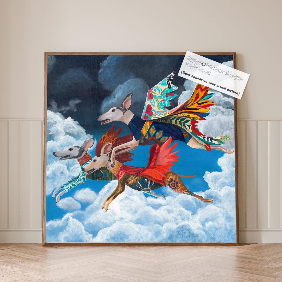 Greyhound Dog Art Print, Limited Edition Colourful Whimsical Flying ...