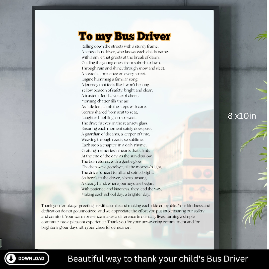 Heartfelt Poem for Bus Driver Unique Appreciation Gift, Instant ...