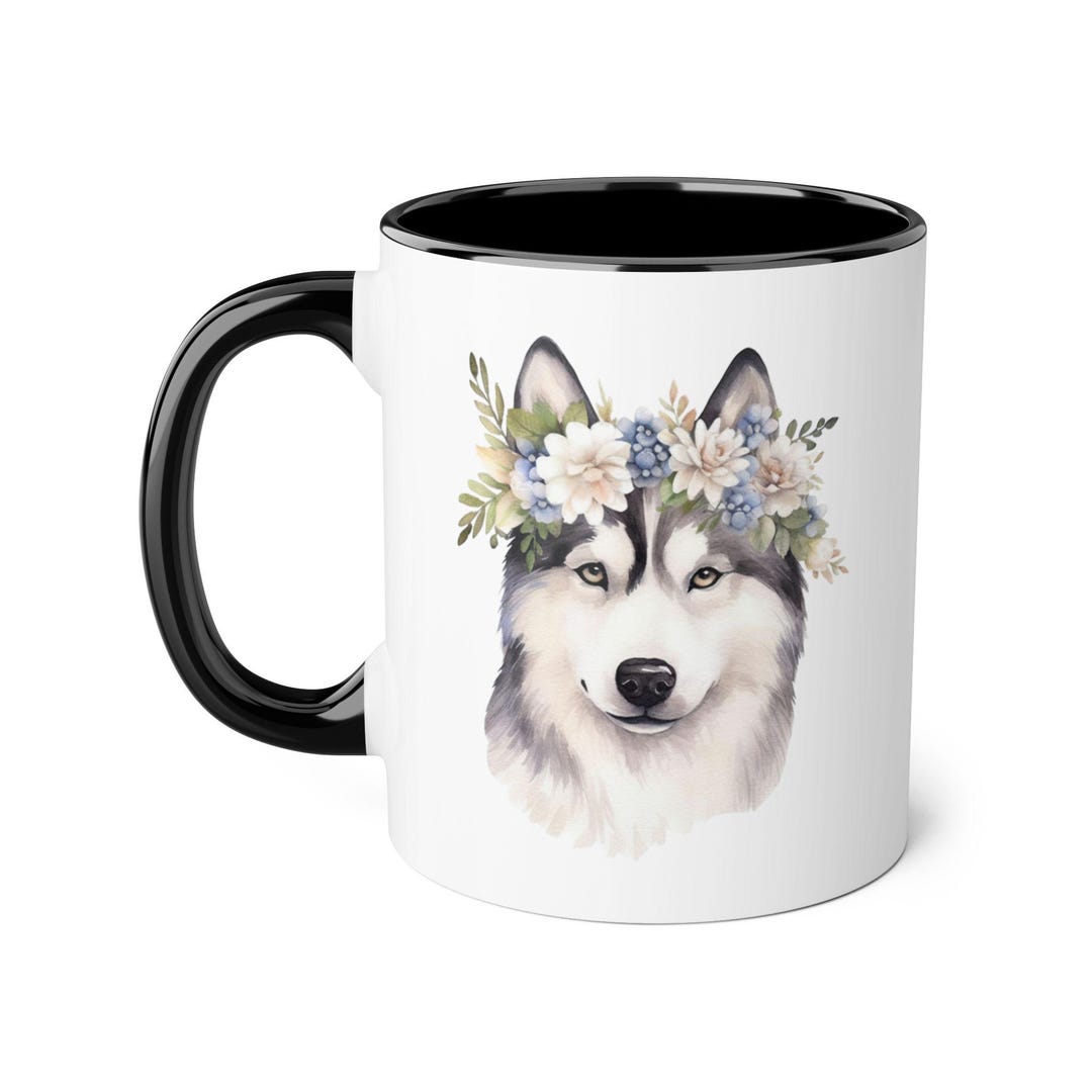 Husky With Flowers in Hair Accent Mug, 11oz Dog Lover Gift, Cute Animal ...
