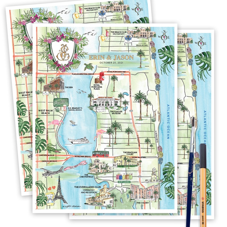 Watercolor Wedding Maps Hand Painted Guest Map Custom - Etsy