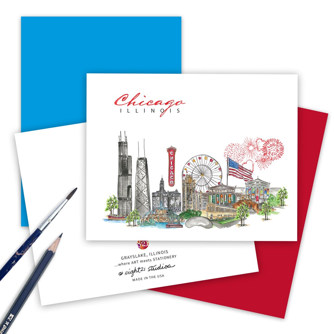 Chicago Stationary Set of 10 Folded Notecards With Colored Envelopes ...