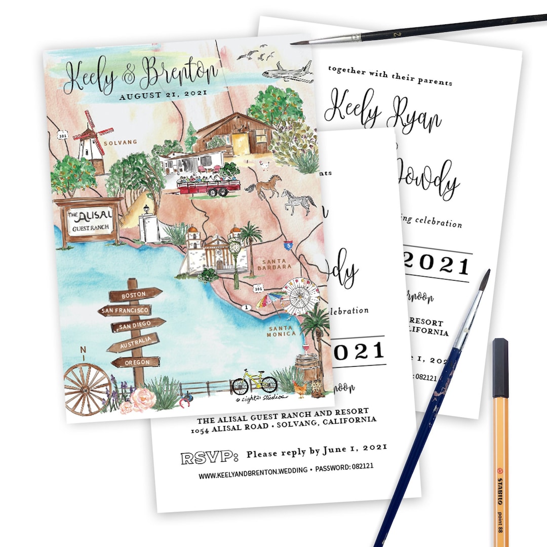 Alisal Ranch Personalized Wedding Maps, Watercolor Wedding Maps ...