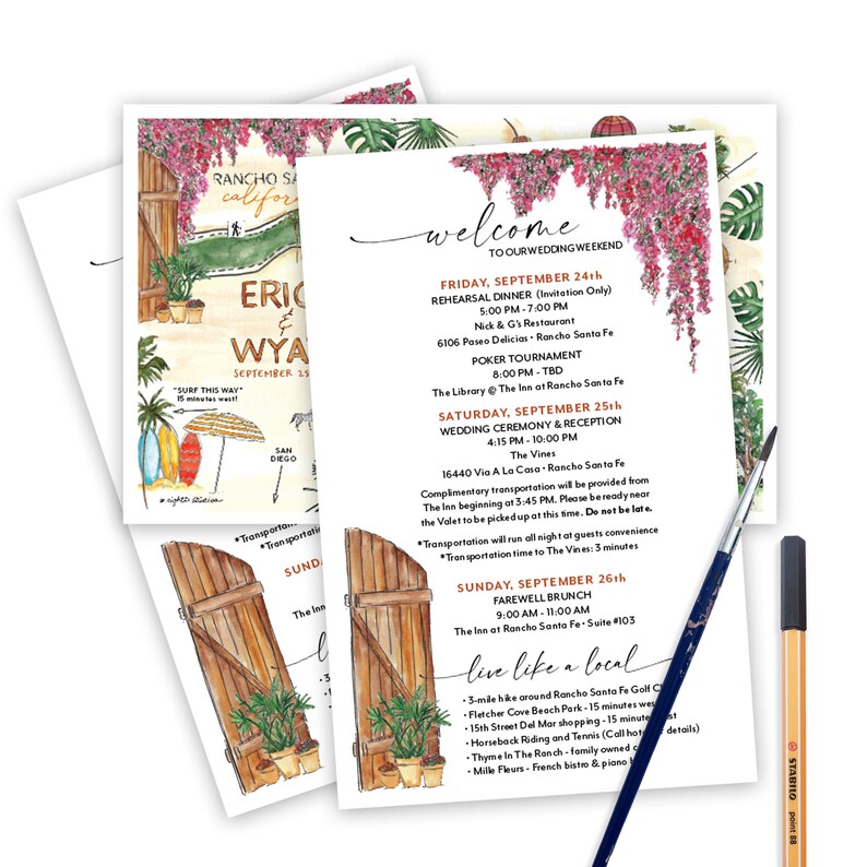 Watercolor Wedding Maps Hand Painted Guest Map Custom | Etsy