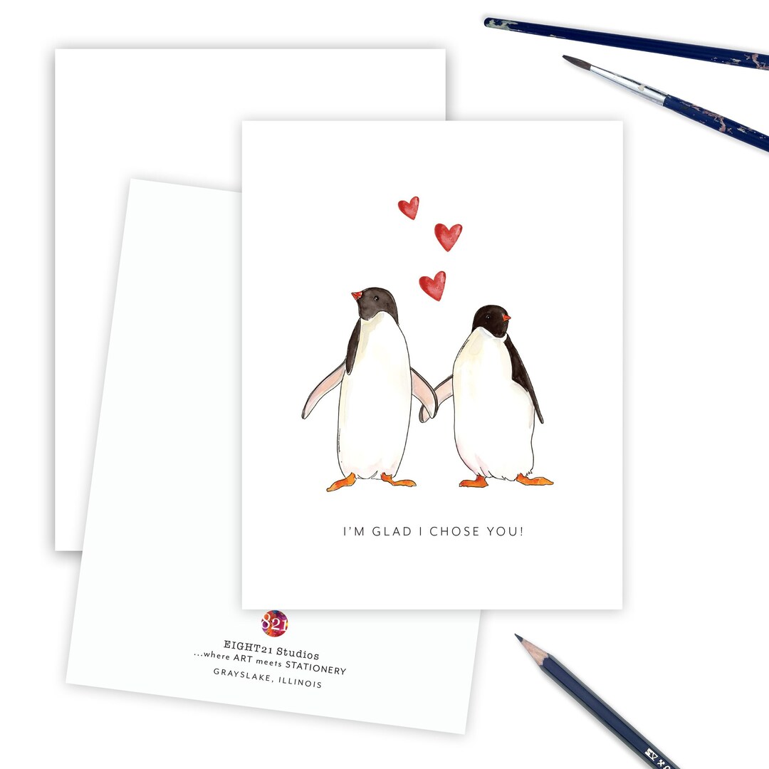 Happy Valentines Day Penguin Card, Penguin Lover Card, Romantic Card ...
