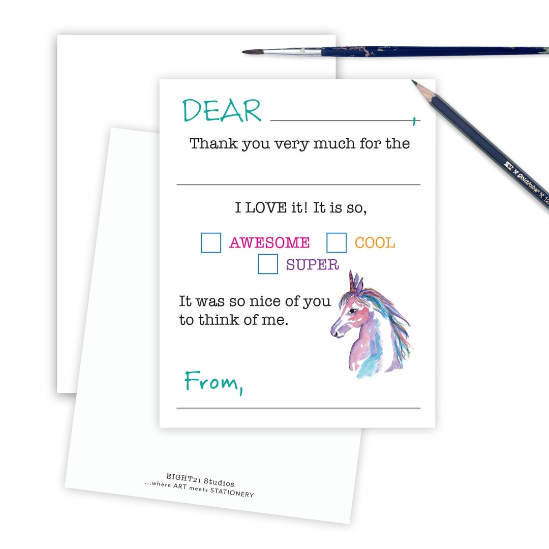 Fill in the Blank Birthday Thank You Notes With Unicorn, Fill in ...