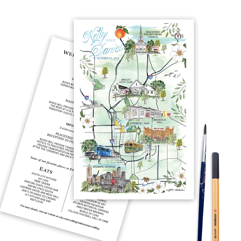 Watercolor Wedding Maps Hand Painted Guest Map Custom - Etsy