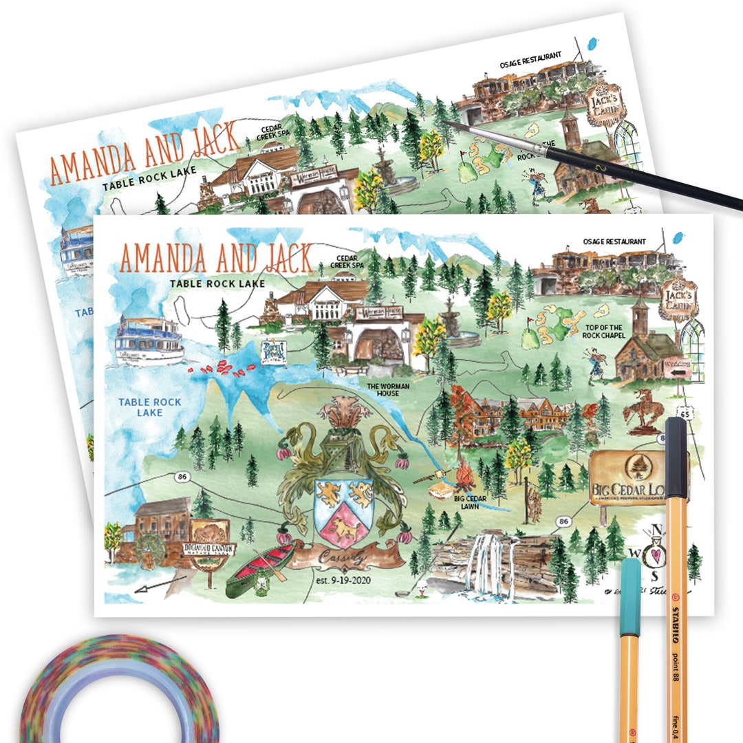 Big Cedar Lodge Watercolor Wedding Maps, Hand Painted Guest Map, Ozarks ...