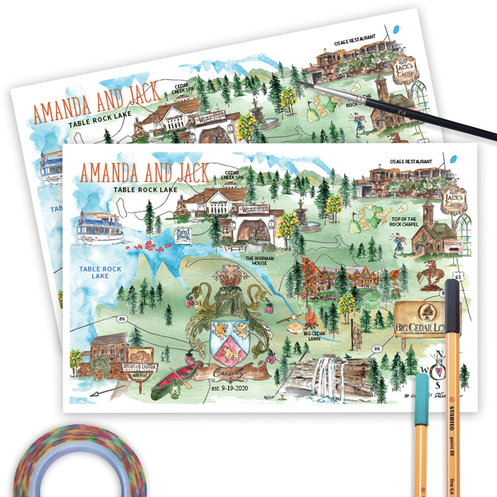 Big Cedar Lodge Watercolor Wedding Maps, Hand Painted Guest Map, Ozarks ...