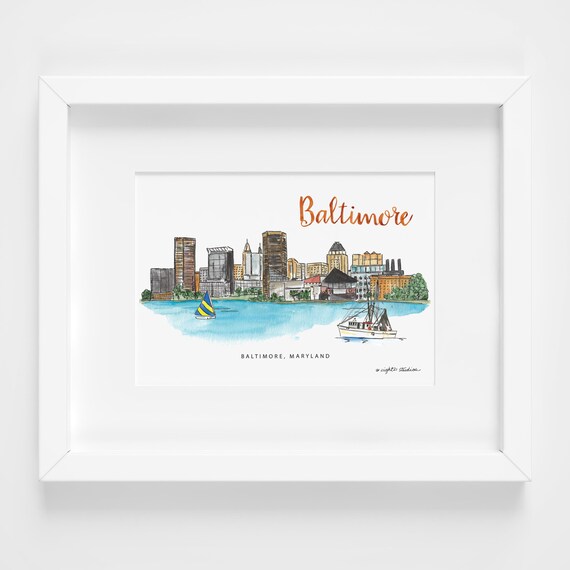 Baltimore Maryland Skyline Wall Decor Print 7x5 Watercolor | Etsy