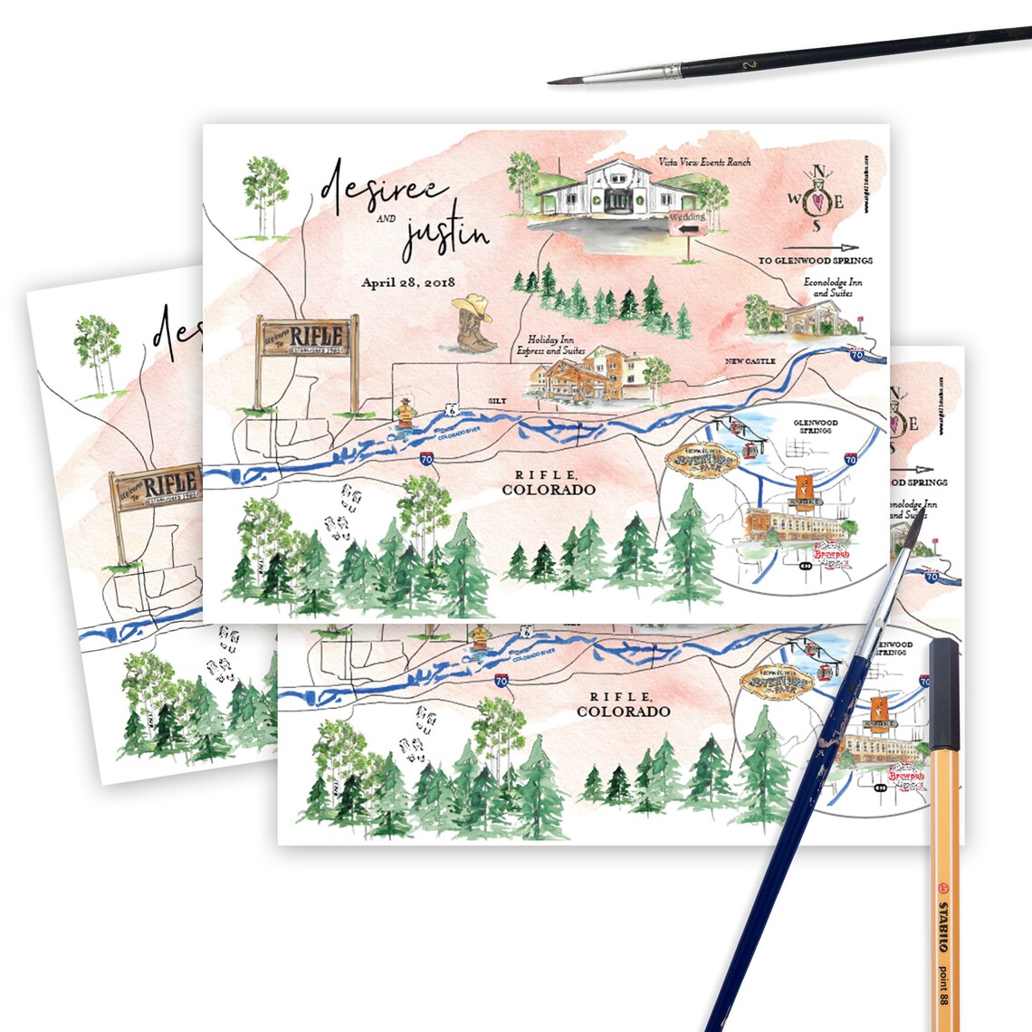 Wedding Invitation Map, Watercolor Wedding Maps, Map Illustration, Hand ...