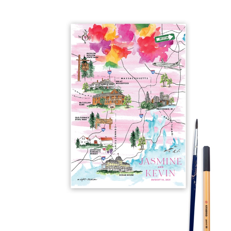 Watercolor Wedding Maps Hand Painted Guest Map Custom - Etsy