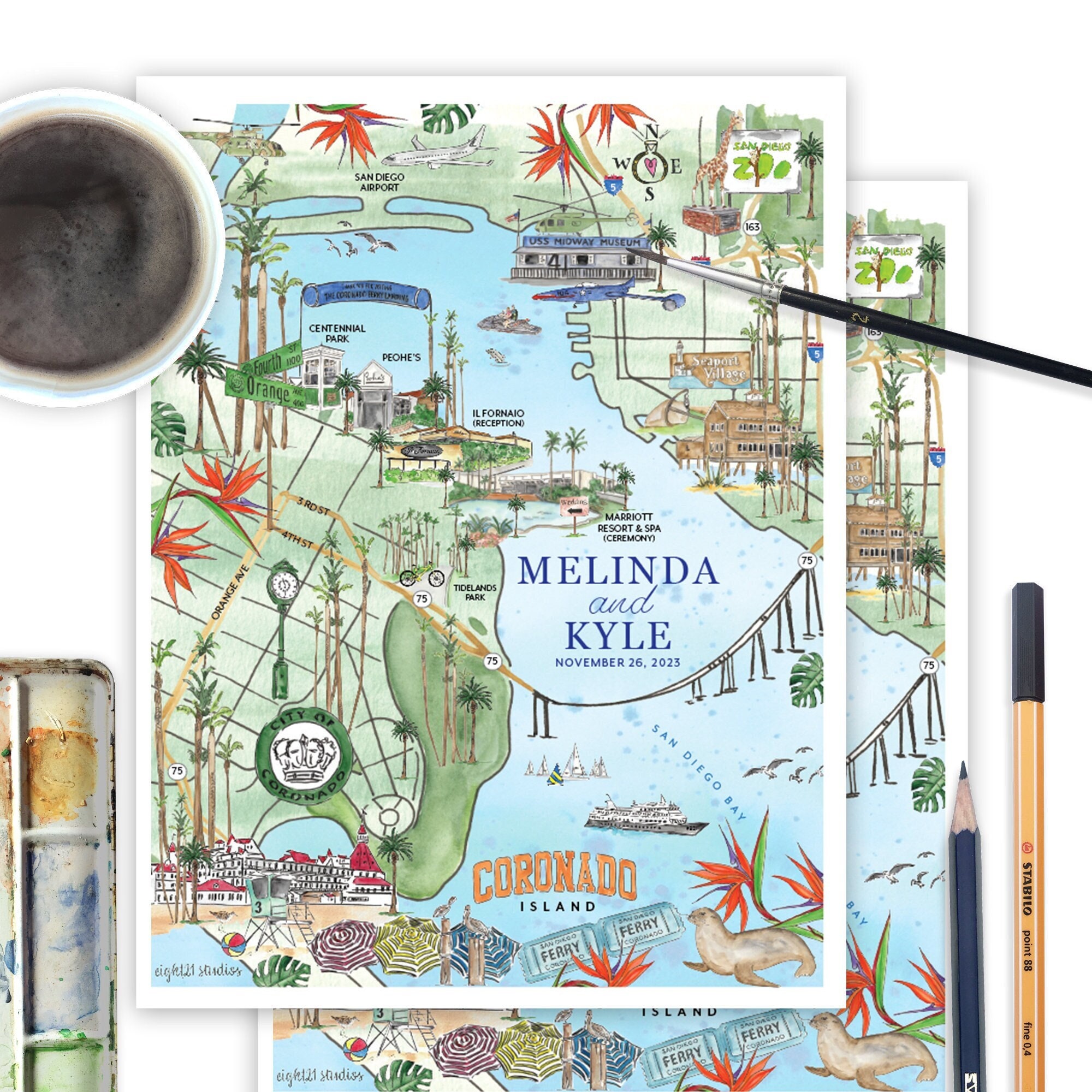 Wedding Itinerary, Welcome Bag Insert With Map, Watercolor Map for ...